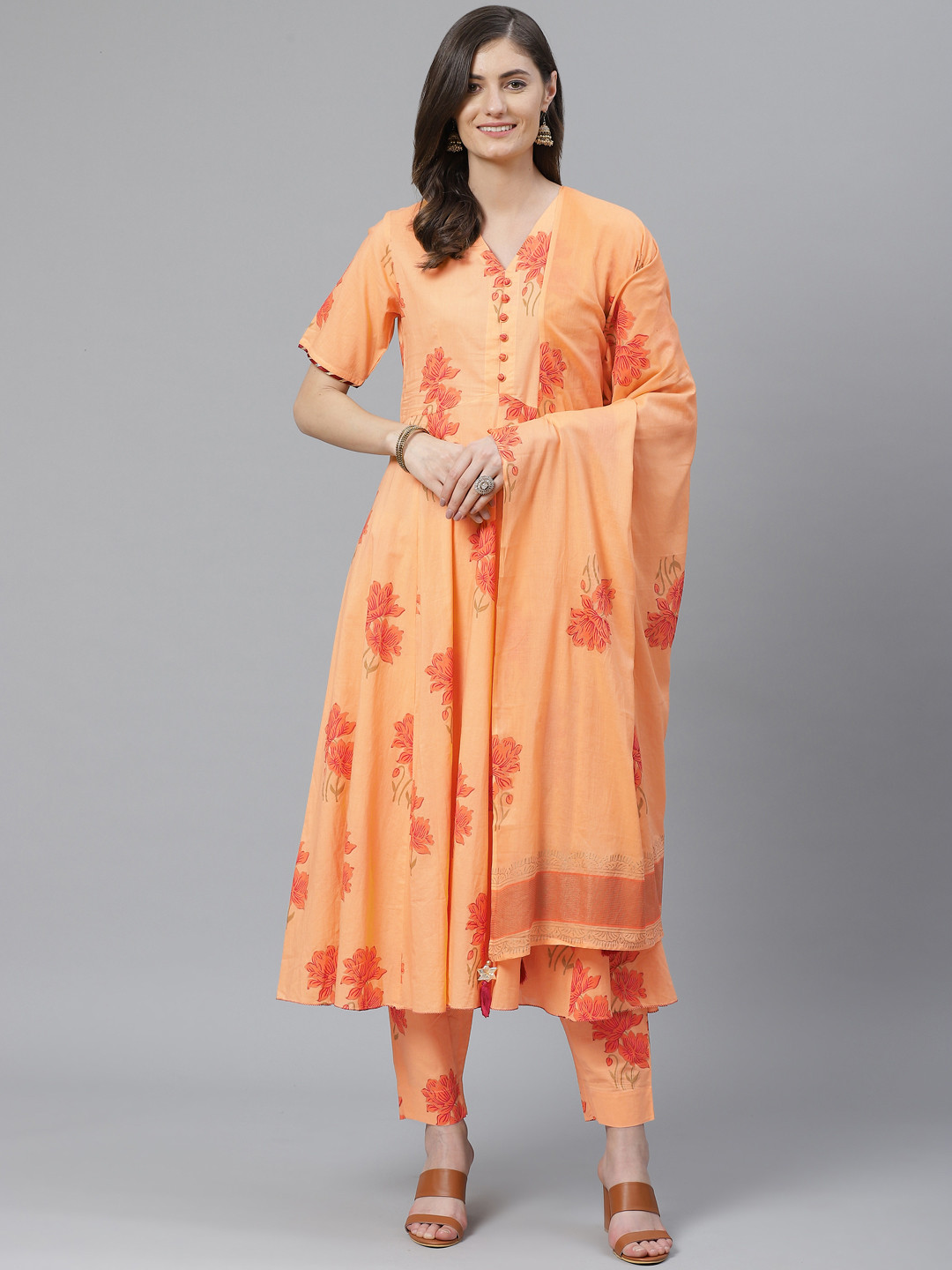 Buy AHIKA Women Orange Printed Kurta With Trousers & Dupatta - Kurta ...