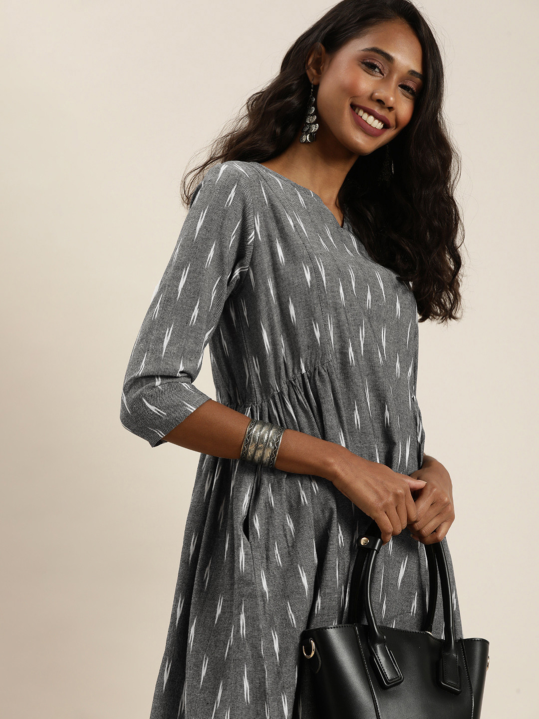 Buy Taavi Women Grey & White Ikat Woven Design Ethnic A Line ...