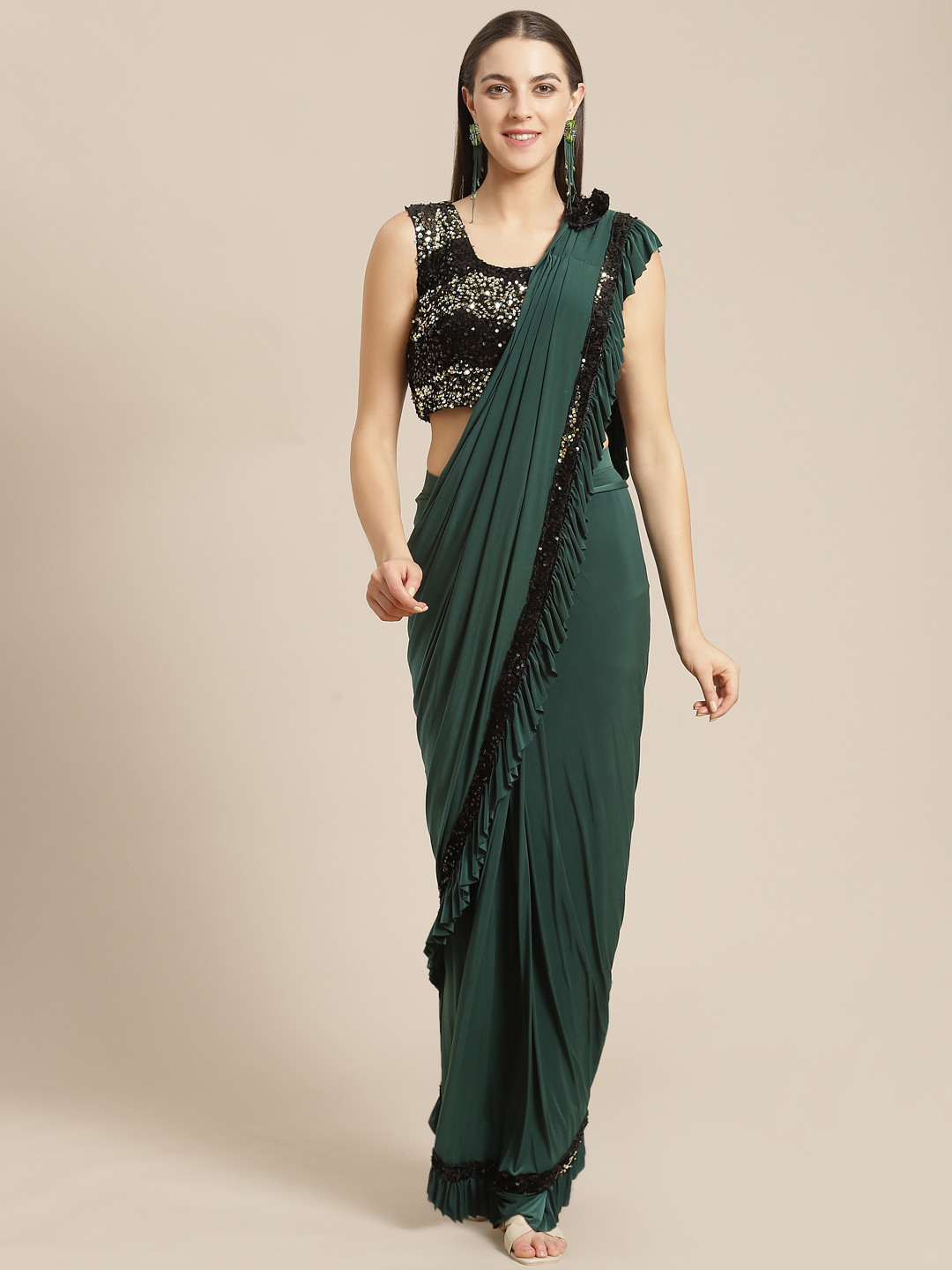 Buy Mitera Green Solid Solid Ready To Wear Ruffle Saree - Sarees for ...