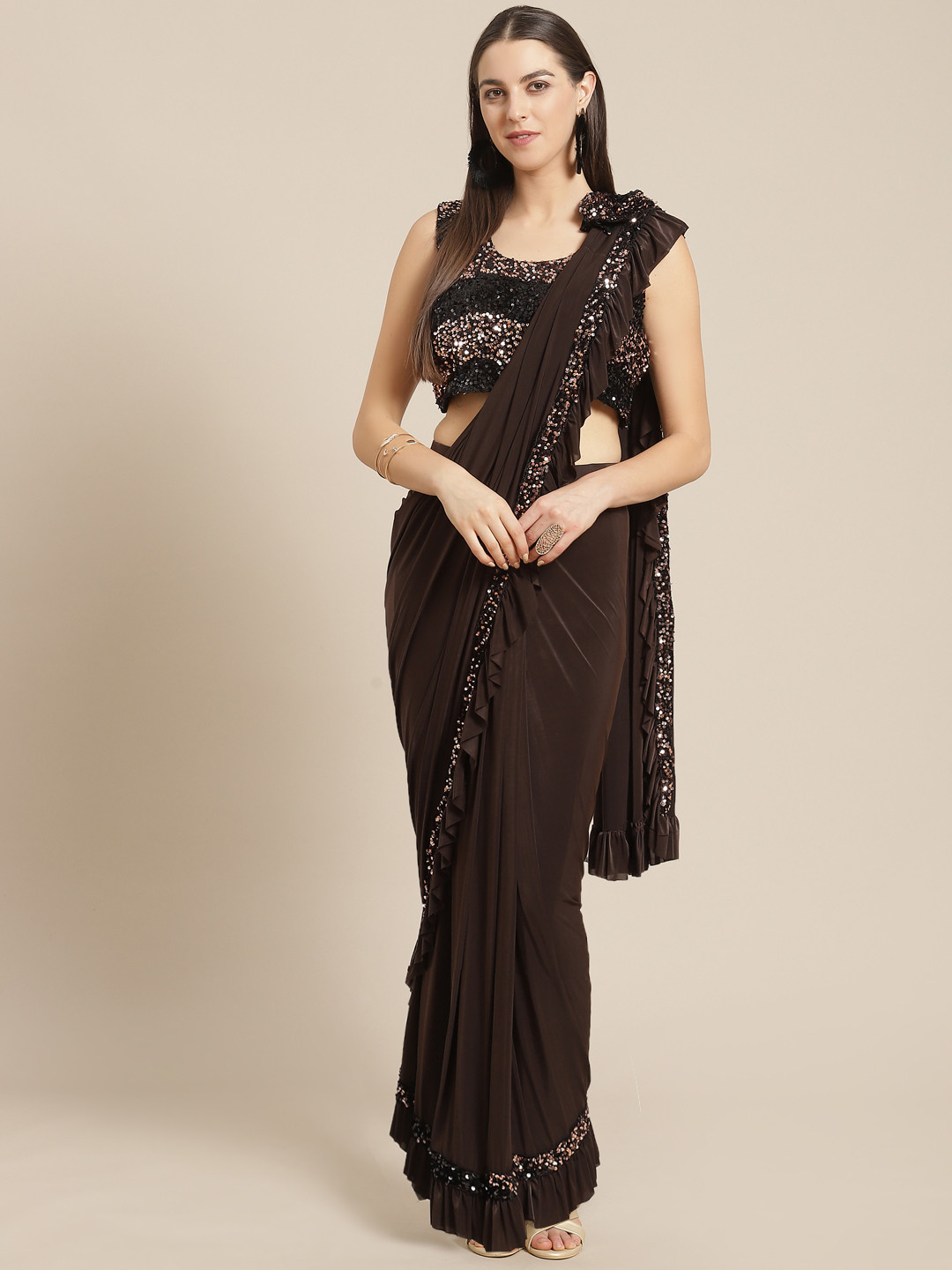 Buy Mitera Coffee Brown Solid Ready To Wear Ruffle Saree - Sarees for ...
