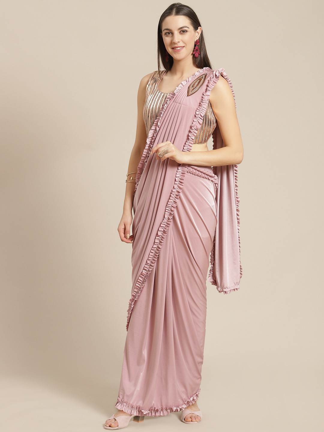 Buy Mitera Pink Solid Ready To Wear Ruffle Saree - Sarees for Women ...