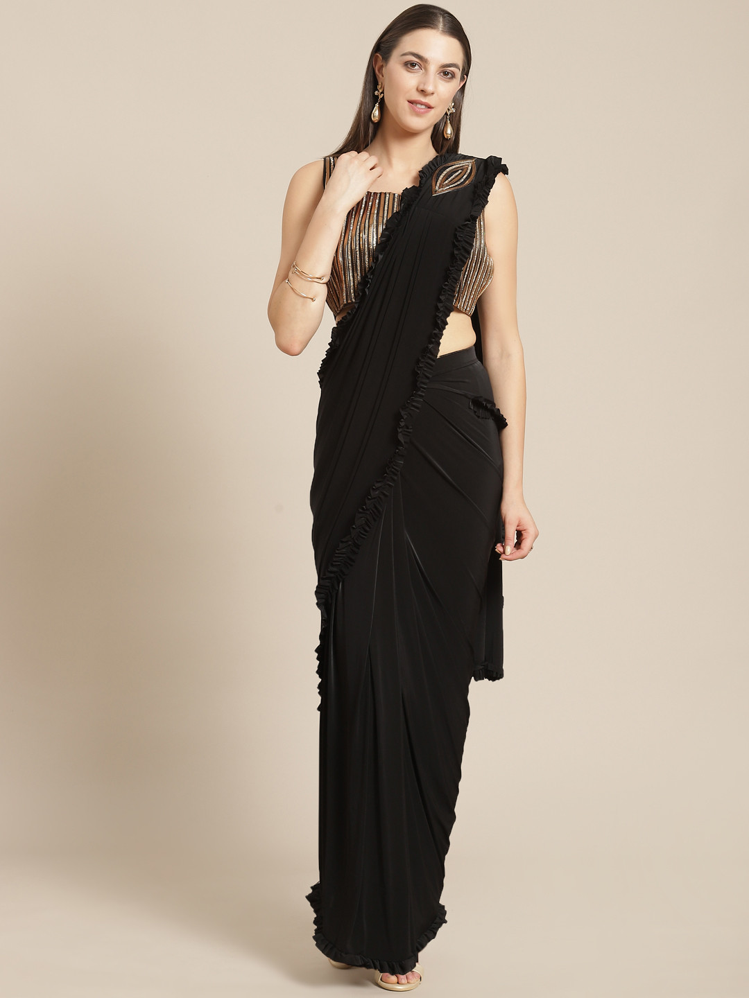 Buy Mitera Black Solid Ready To Wear Ruffle Saree - Sarees for Women ...