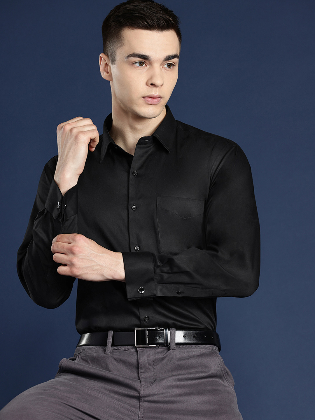 Buy Hancock Men Black Solid French Cuff Regular Fit Formal Shirt ...