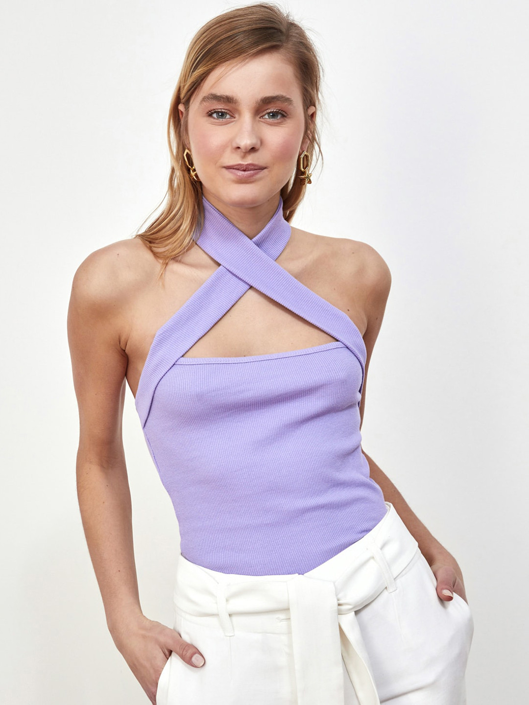 Buy Trendyol Lavender Ribbed Halter Neck Fitted Top - Tops for Women ...