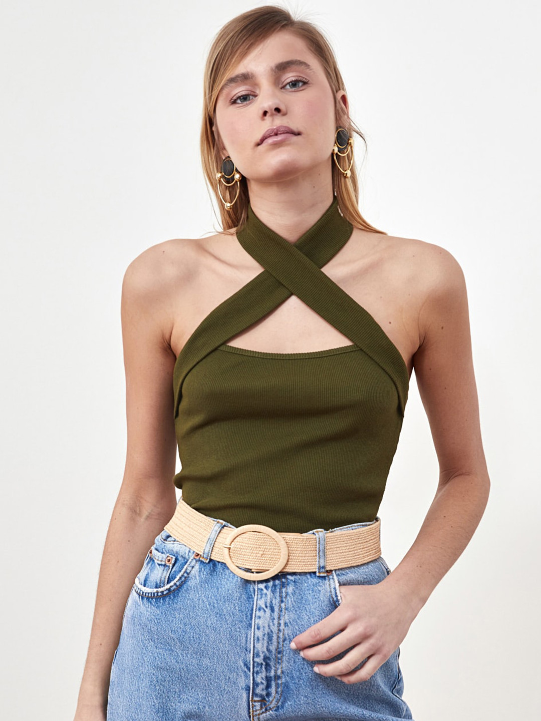 Buy Trendyol Olive Green Ribbed Halter Neck Fitted Top - Tops for Women ...