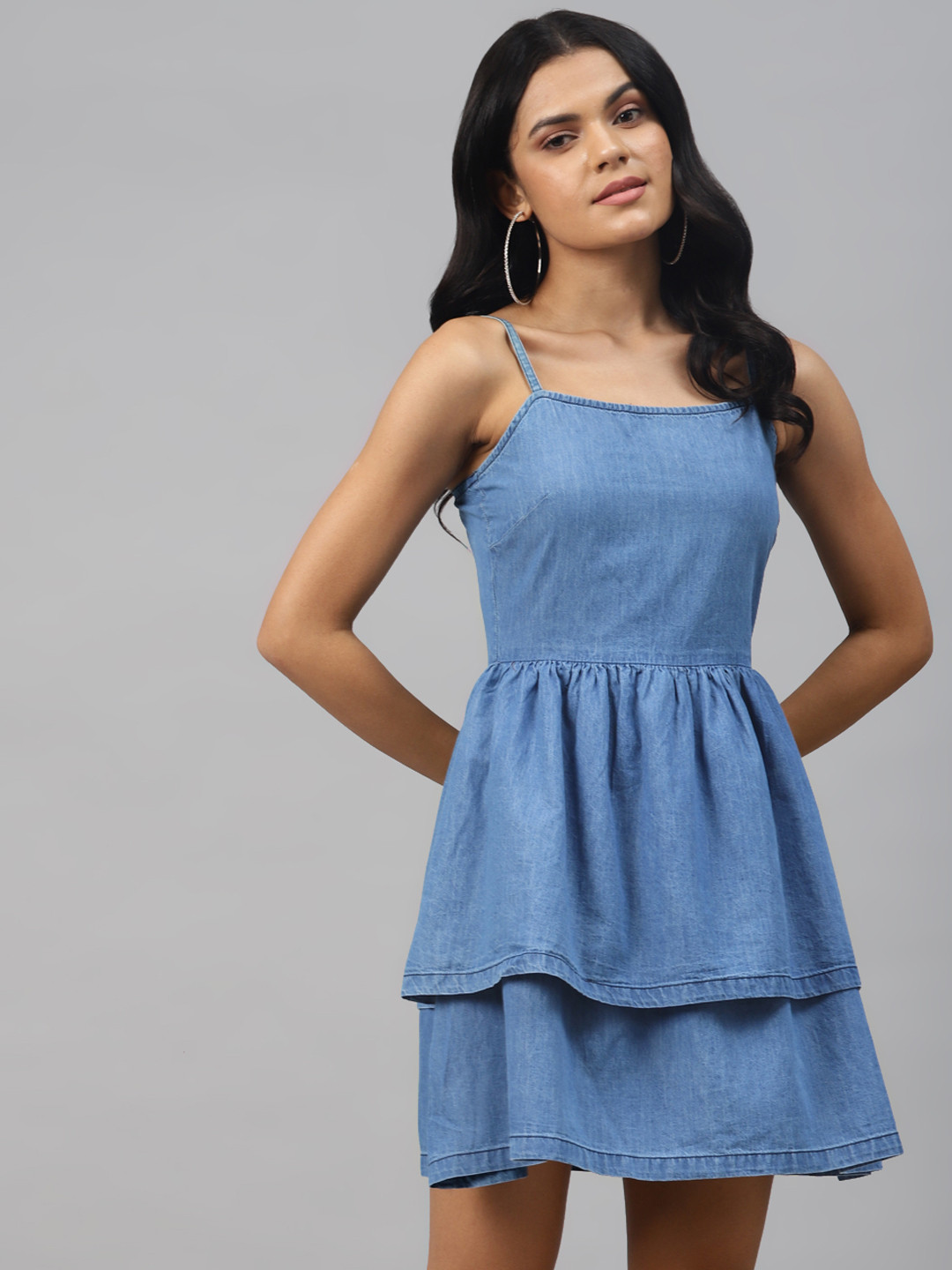 Buy PlusS Calm Blue Solid Retro Denim Mini Dress - Dresses for Women ...