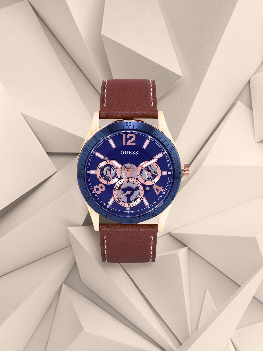 Buy GUESS Men Navy Blue Skeleton Dial & Brown Leather Straps Analogue ...