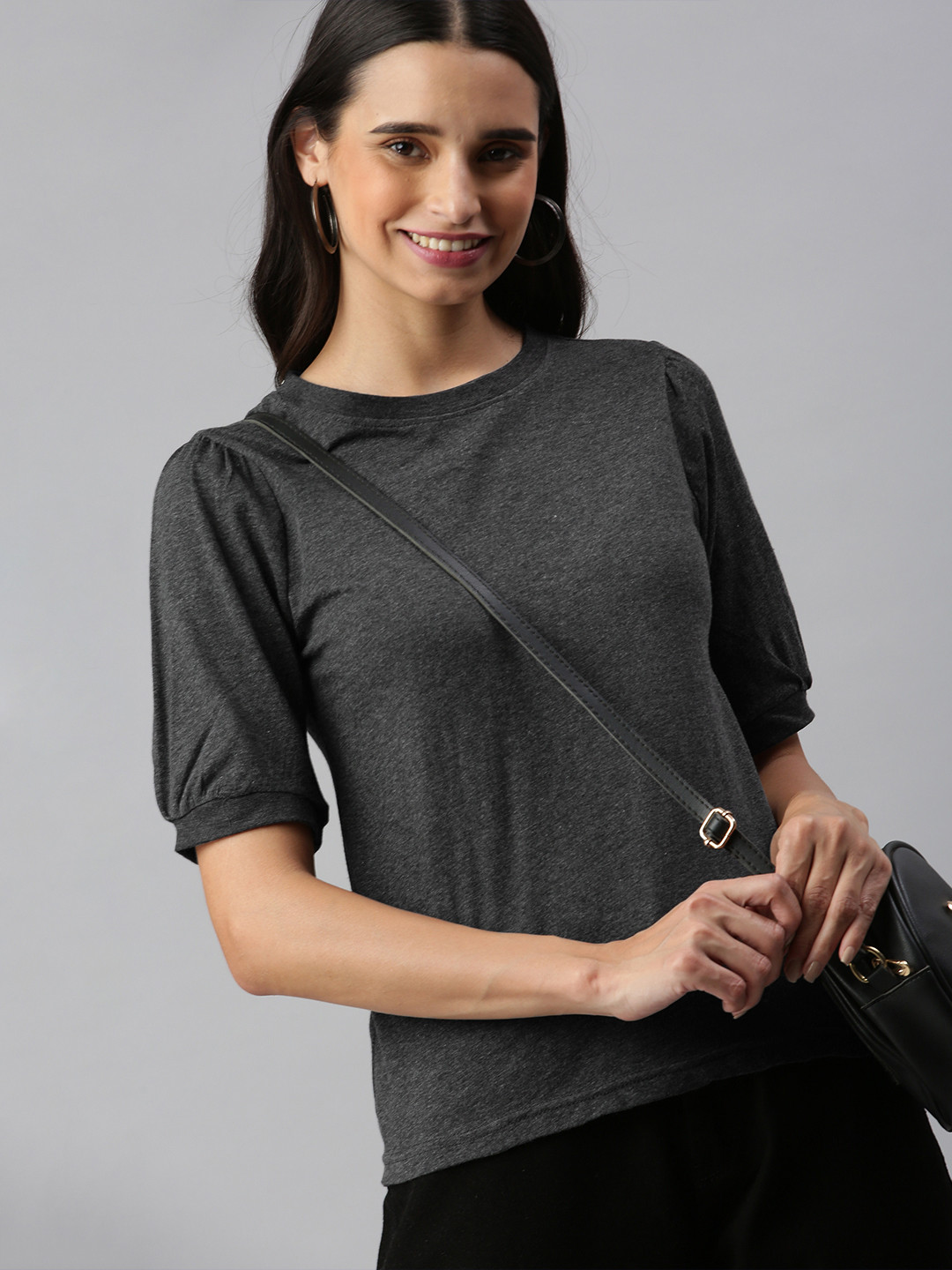 Buy HERE&NOW Charcoal Grey Puff Sleeve Regular Top - Tops for Women ...