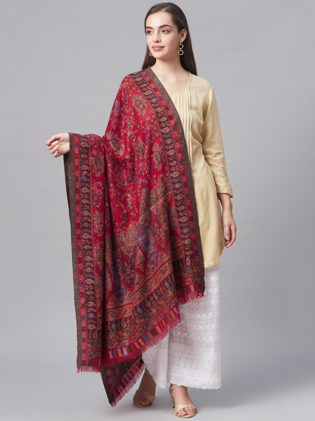 Buy Pashtush Women Maroon Pure Wool Woven Design Kaani Shawl - Shawl ...