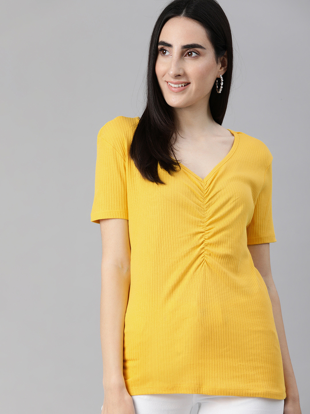 Buy HERE&NOW Yellow Ribbed Regular Top With Gathers - Tops for Women ...