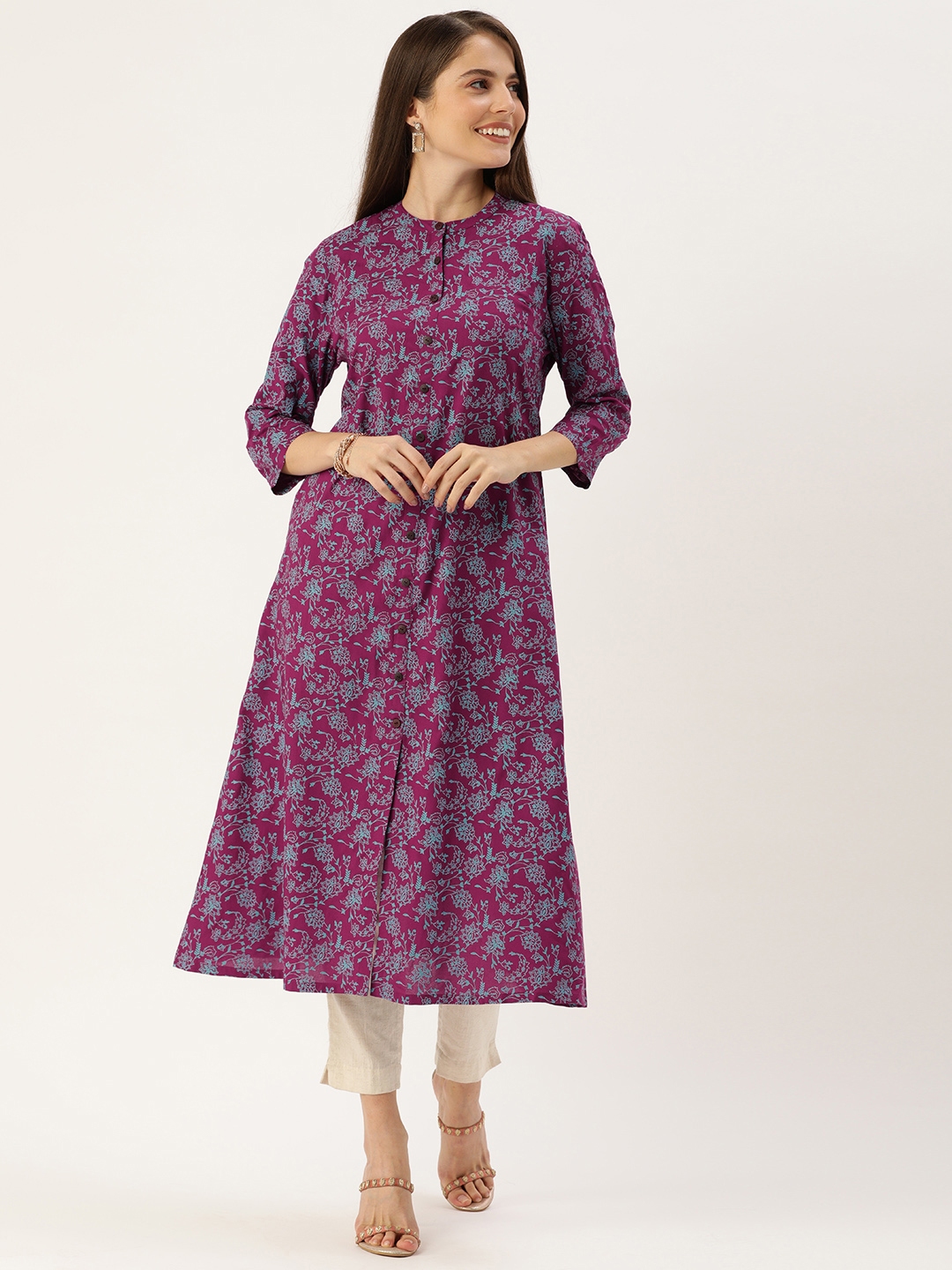 Buy Anouk Women Magenta And Blue Floral Printed A Line Kurta Kurtas For