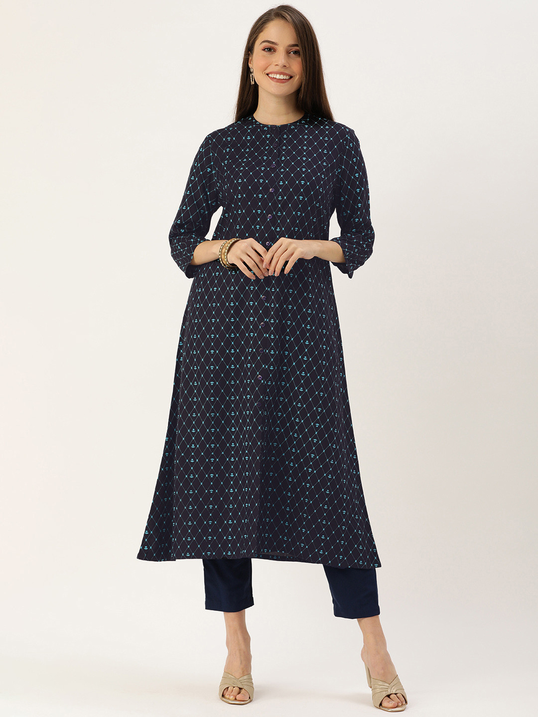 Buy Anouk Women Navy Blue & Blue Printed A Line Kurta - Kurtas for ...