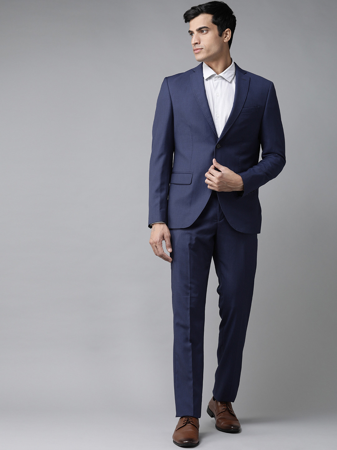 Buy Blackberrys Men Navy Blue Self Design Slim Fit Single Breasted 2 ...