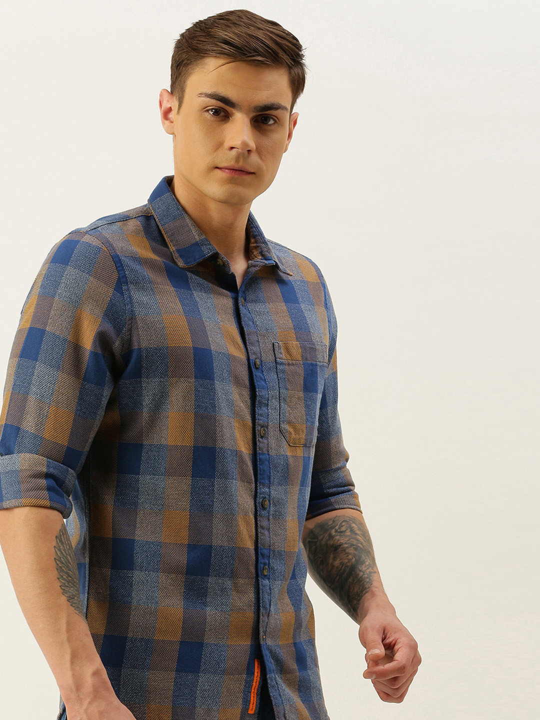 Buy SINGLE Men Blue & Rust Regular Fit Self Design Casual Shirt ...