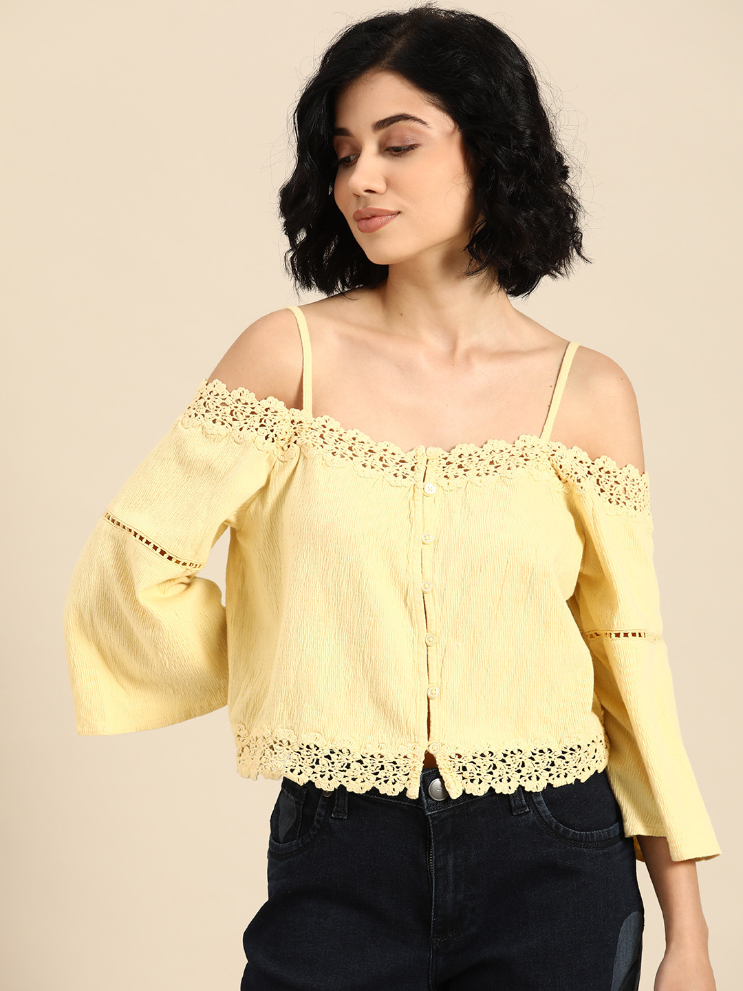 Buy COVER STORY Yellow Off Shoulder Solid Bardot Top - Tops for Women ...