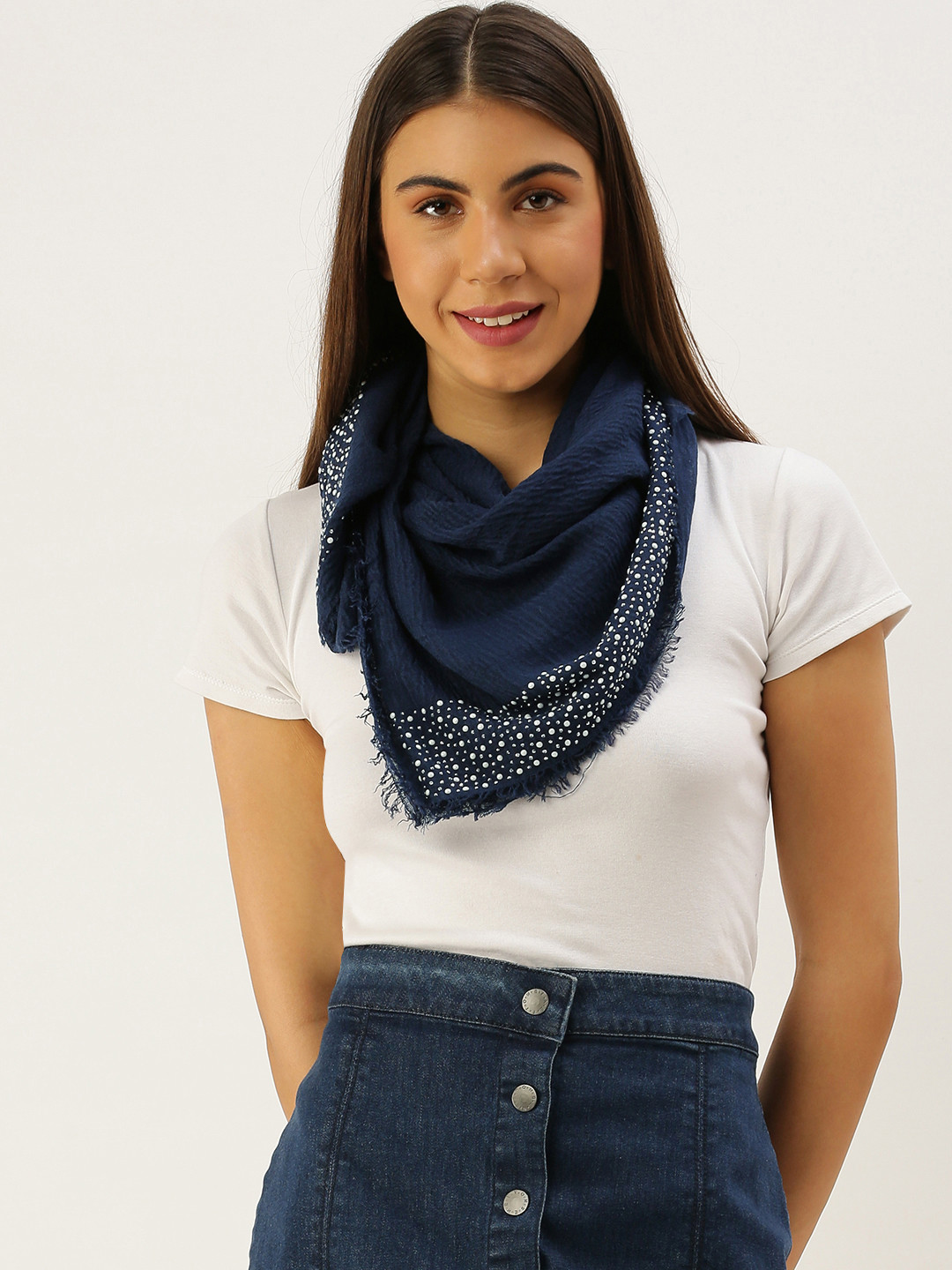 Buy Ayesha Women Navy Blue Solid Scarf With Embellished Border ...