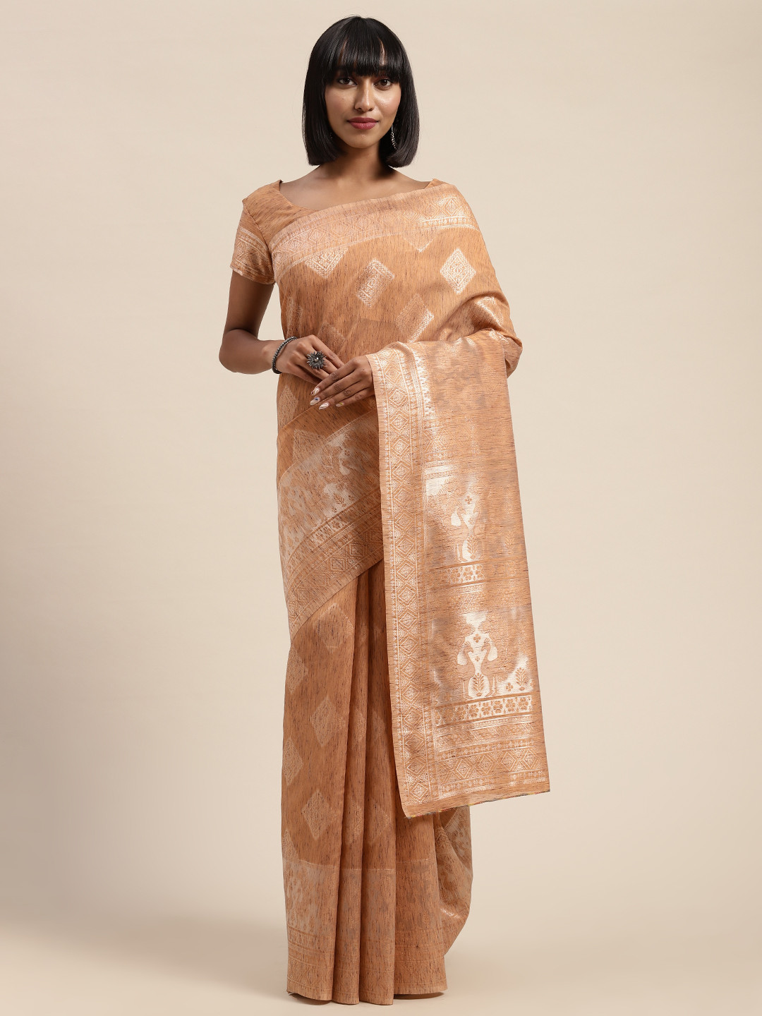 Buy Saree Mall Orange & Silver Toned Linen Blend Woven Design Banarasi ...