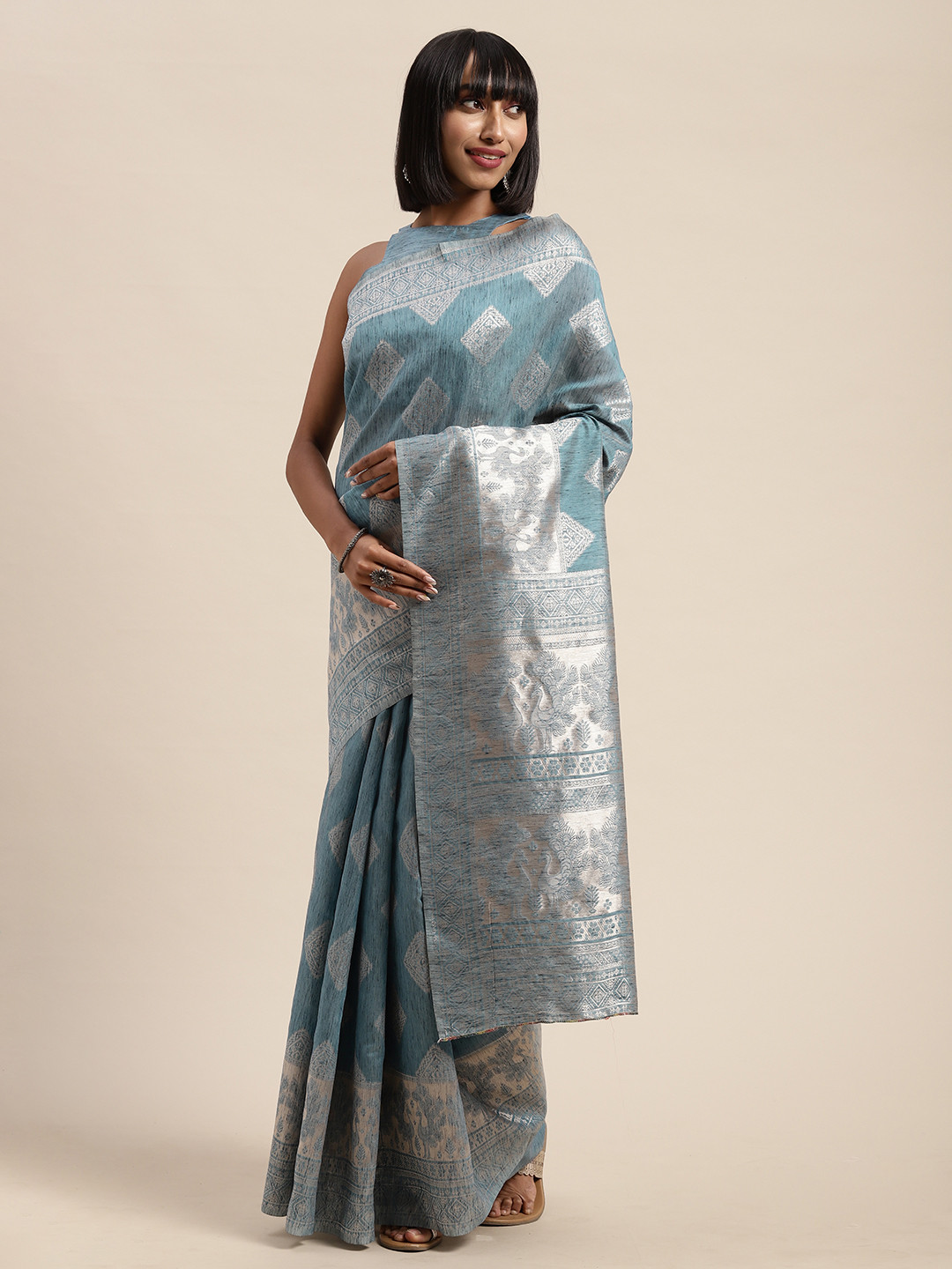 Buy Saree Mall Blue & Silver Toned Linen Blend Woven Design Banarasi ...