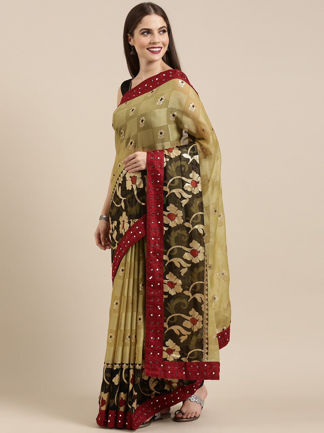 Buy Mitera Olive Green & Gold Toned Brasso Printed Saree - Sarees for ...