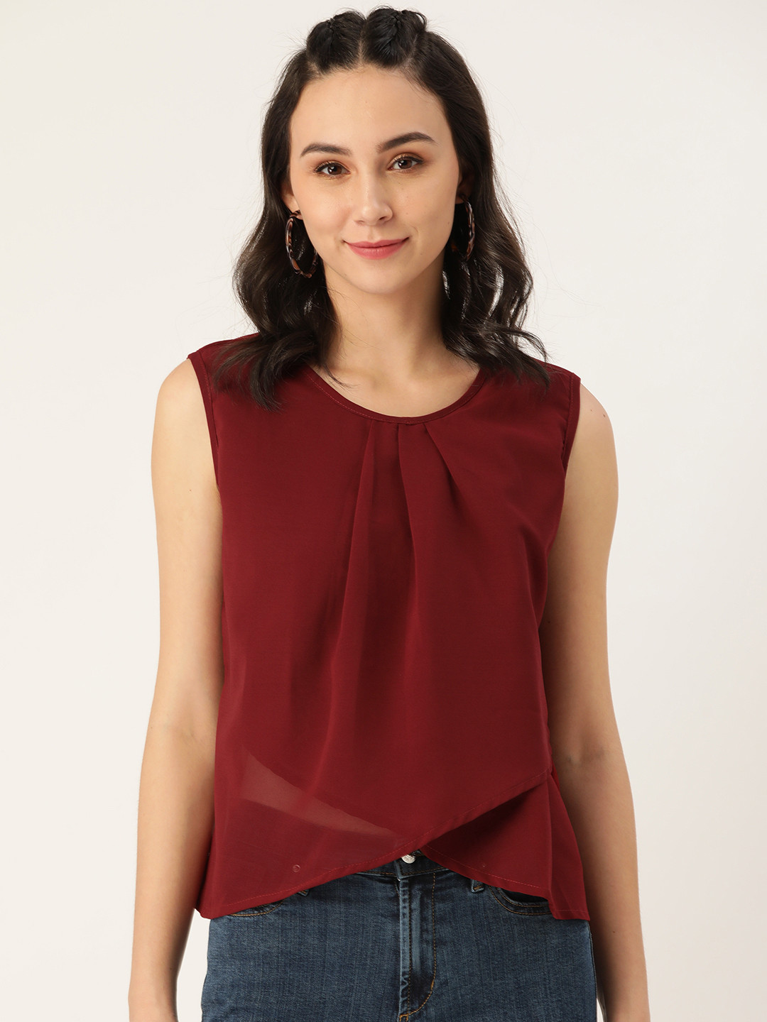 Buy Belle Fille Maroon Solid Pleated A Line Top With Overlapping Detail ...