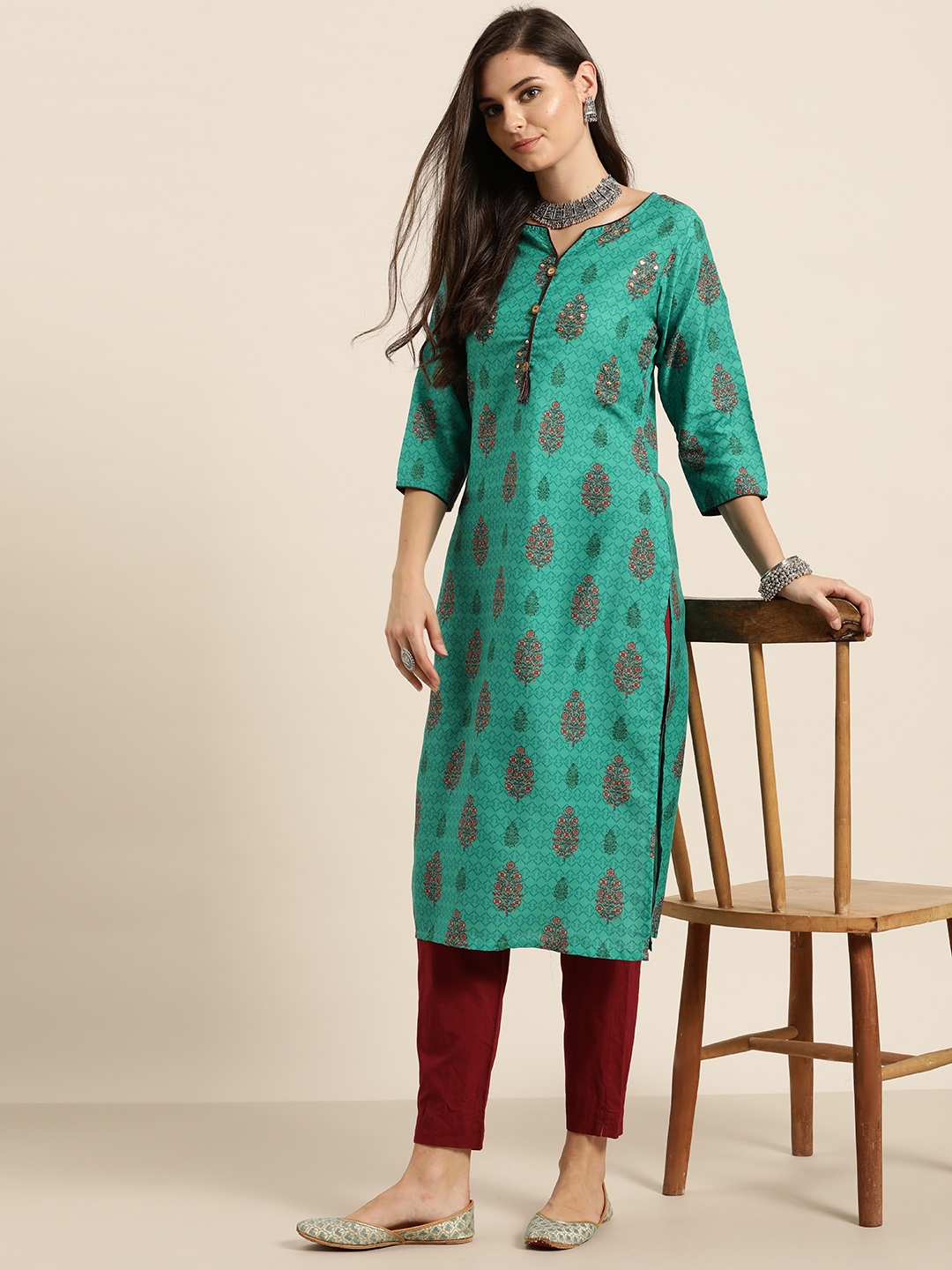 Buy Sangria Women Green & Peach Coloured Ethnic Printed Kurta - Kurtas ...