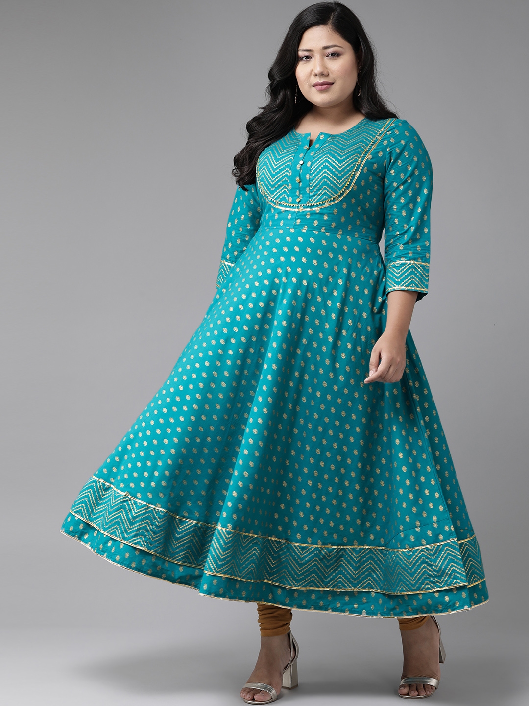 Buy Yash Gallery Women Plus Size Teal Blue And Golden Motifs Printed
