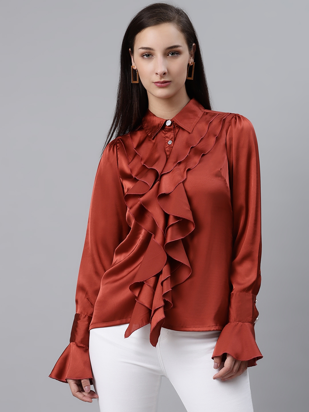 Buy Pluss Women Rust Brown Solid Ruffled Partywear Shirt Shirts For