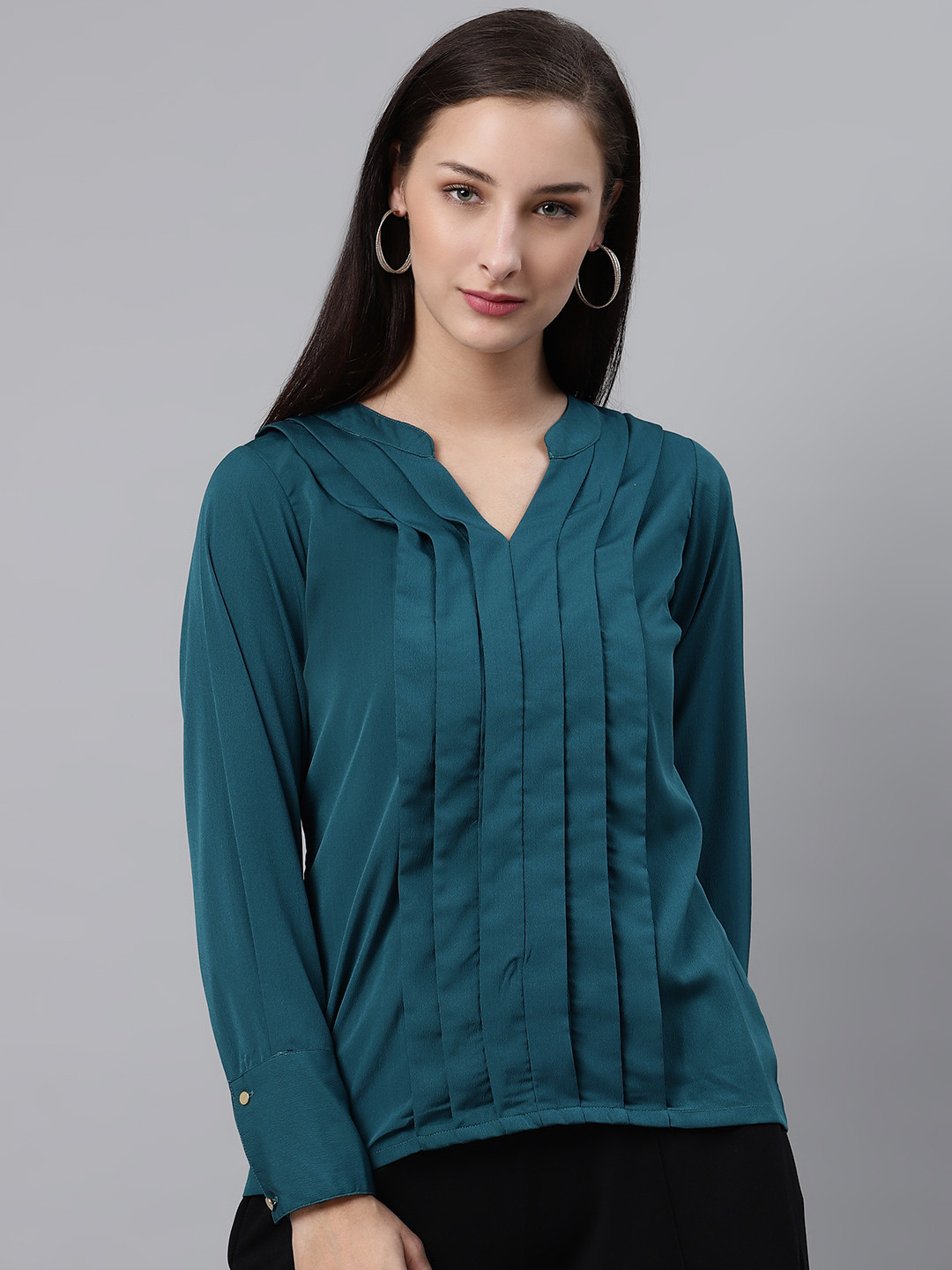 Buy PlusS Teal Solid Mandarin Collar Pleated Top - Tops for Women ...