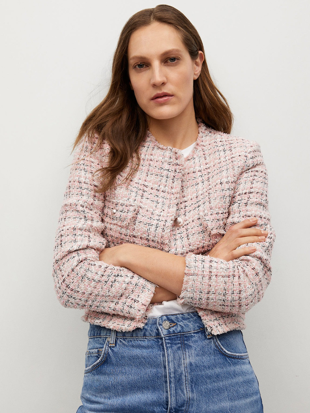 Buy MANGO Women Pink & Black Checked Tweed Sustainable Tailored Jacket ...