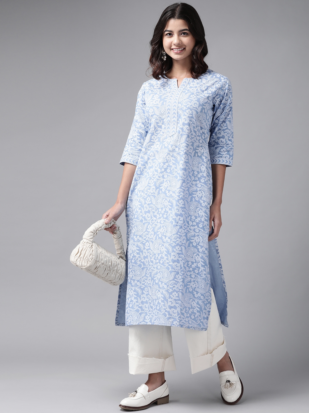 Buy Libas Women Blue And White Ethnic Motifs Print Cotton Straight Kurta