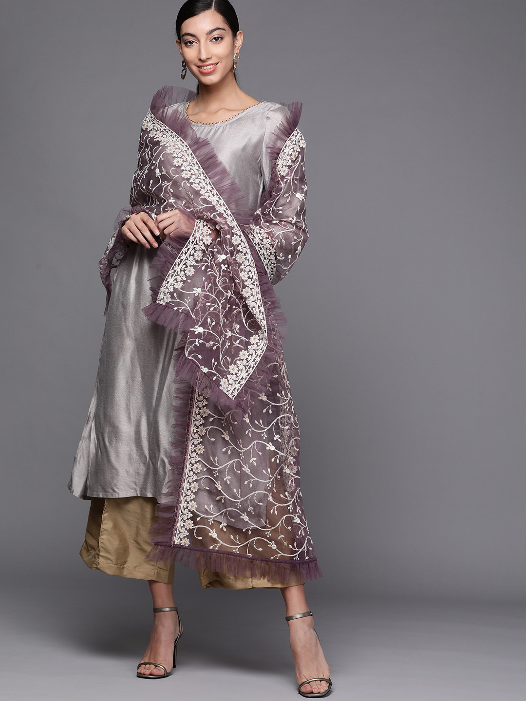Buy Inddus Mauve & Off White Ethnic Motifs Embroidered Embellished ...