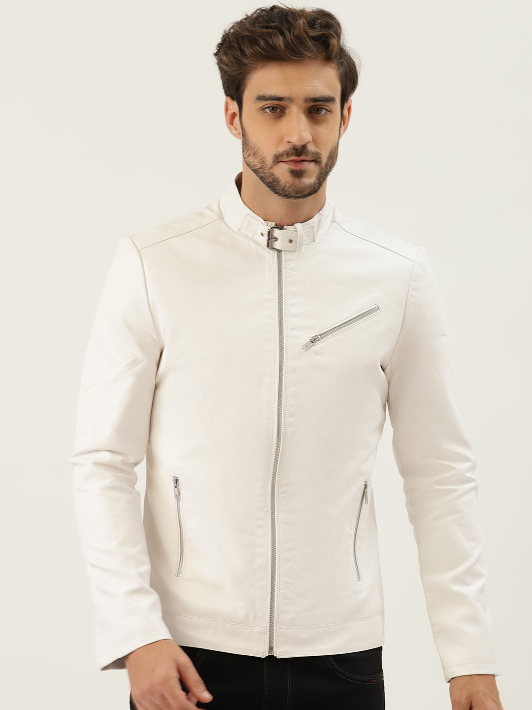 Buy Leather Retail Men White Solid Leather Jacket - Jackets for Men ...
