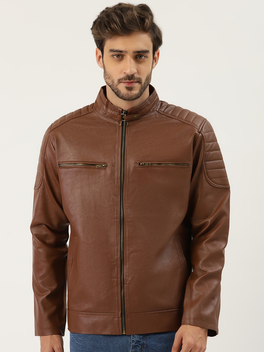 Buy Leather Retail Men Brown Solid Leather Jacket - Jackets for Men ...