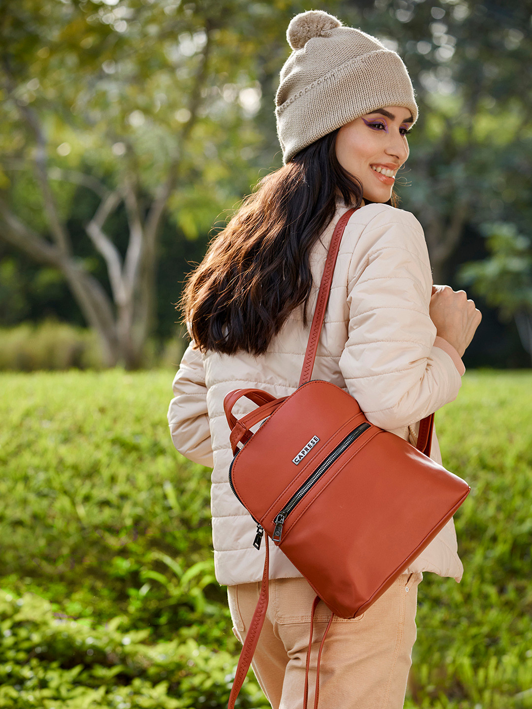 Buy Caprese Women Red Solid Leather Backpack - Backpacks for Women ...