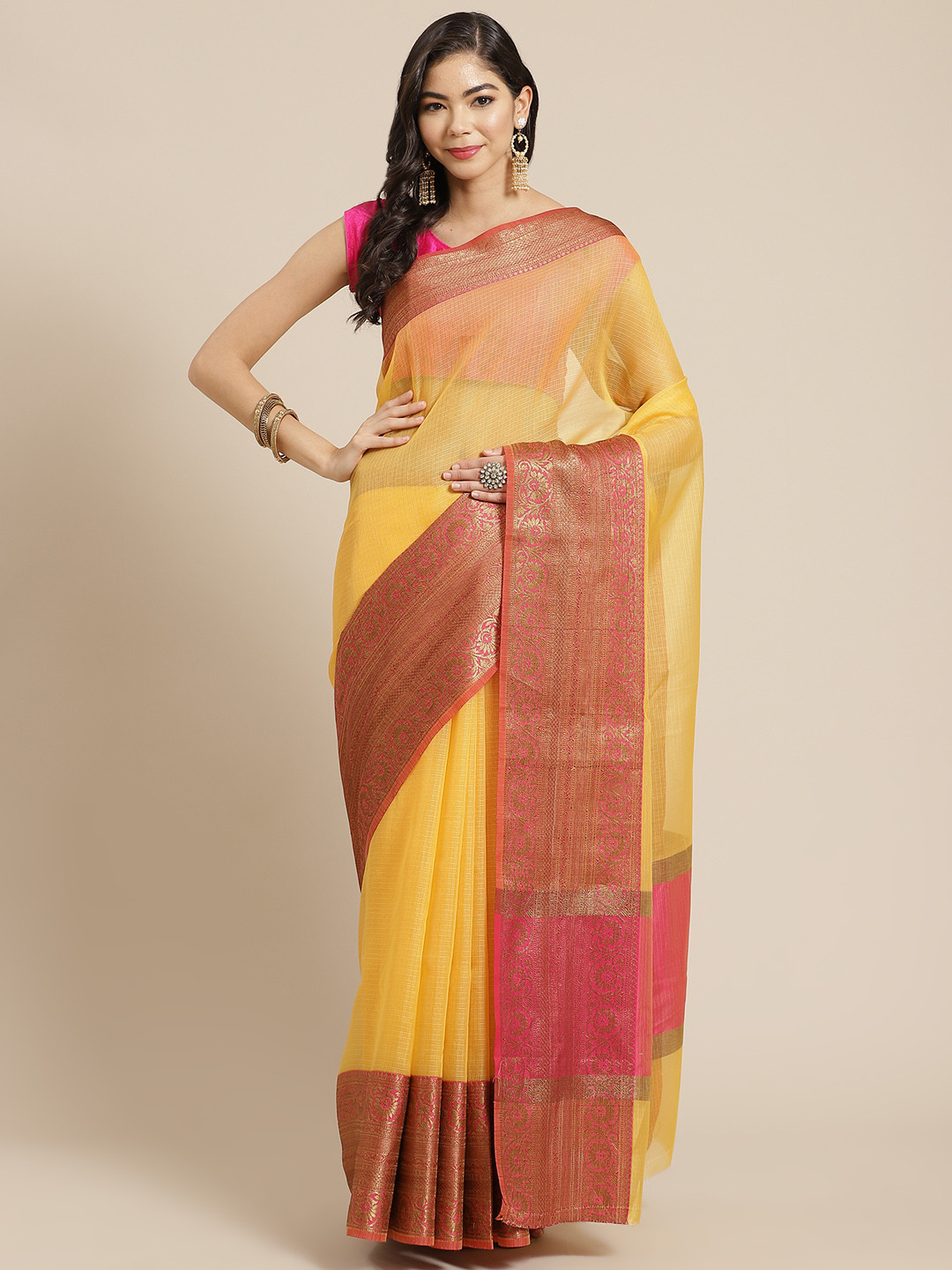 Buy Mitera Mustard Yellow Checked Celebrity Banarasi Saree - Sarees for ...