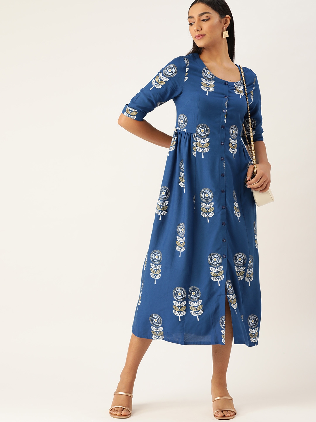 Buy Anouk Women Navy Blue & White Ethnic Motifs Printed A Line Midi ... Buy Anouk Women Navy Blue & White Ethnic Motifs Printed A Line Midi ...