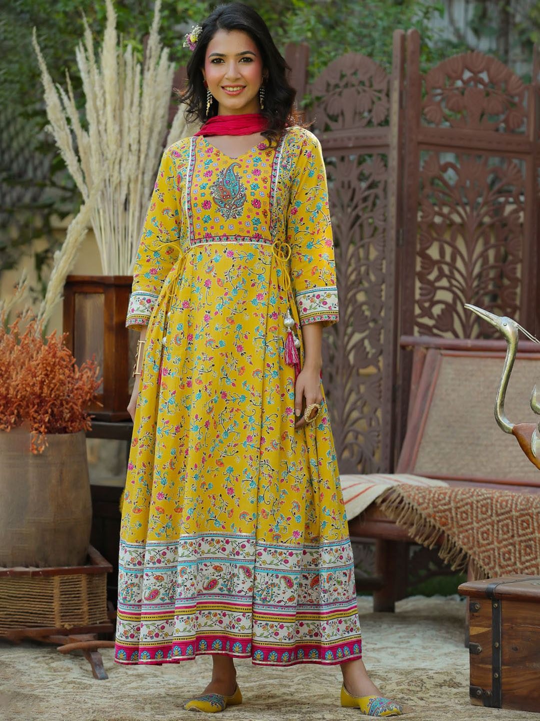 Buy Juniper Yellow & Pink Pure Cotton Ethnic A Line Midi Dress - Ethnic ...