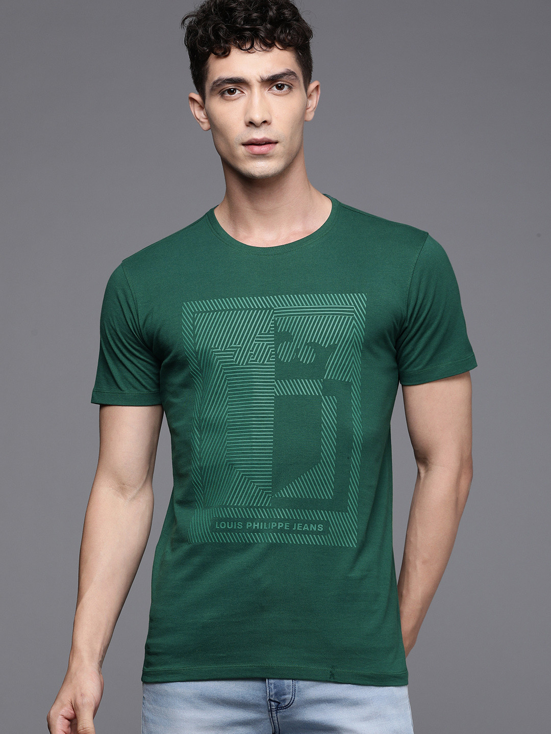 Buy Louis Philippe Jeans Men Green Printed Round Neck Pure Cotton T ...