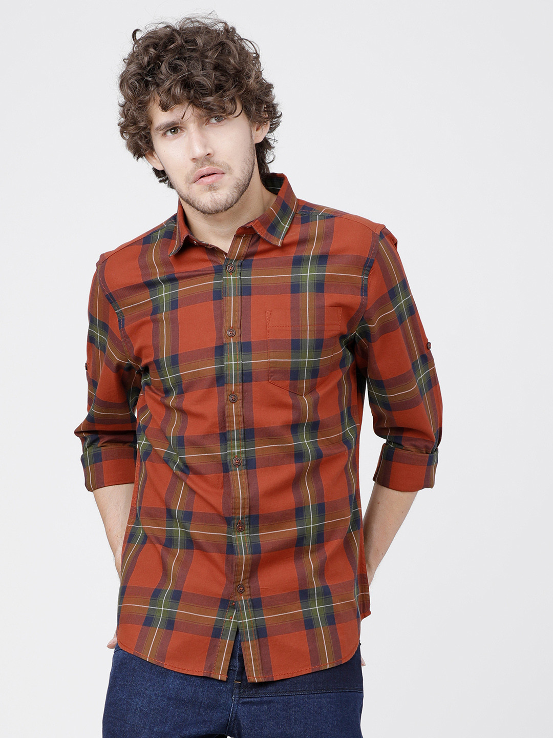 Buy LOCOMOTIVE Men Rust Red Slim Fit Striped Casual Shirt - Shirts for ...