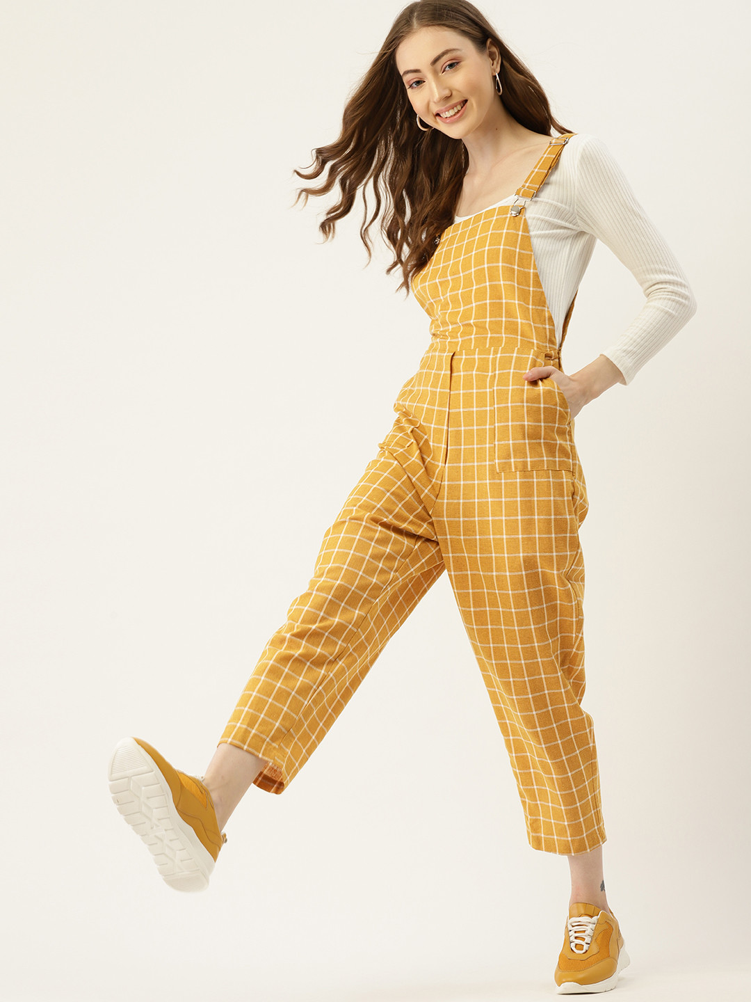 Buy DressBerry Mustard Yellow & White Checked Basic Dungaree ...