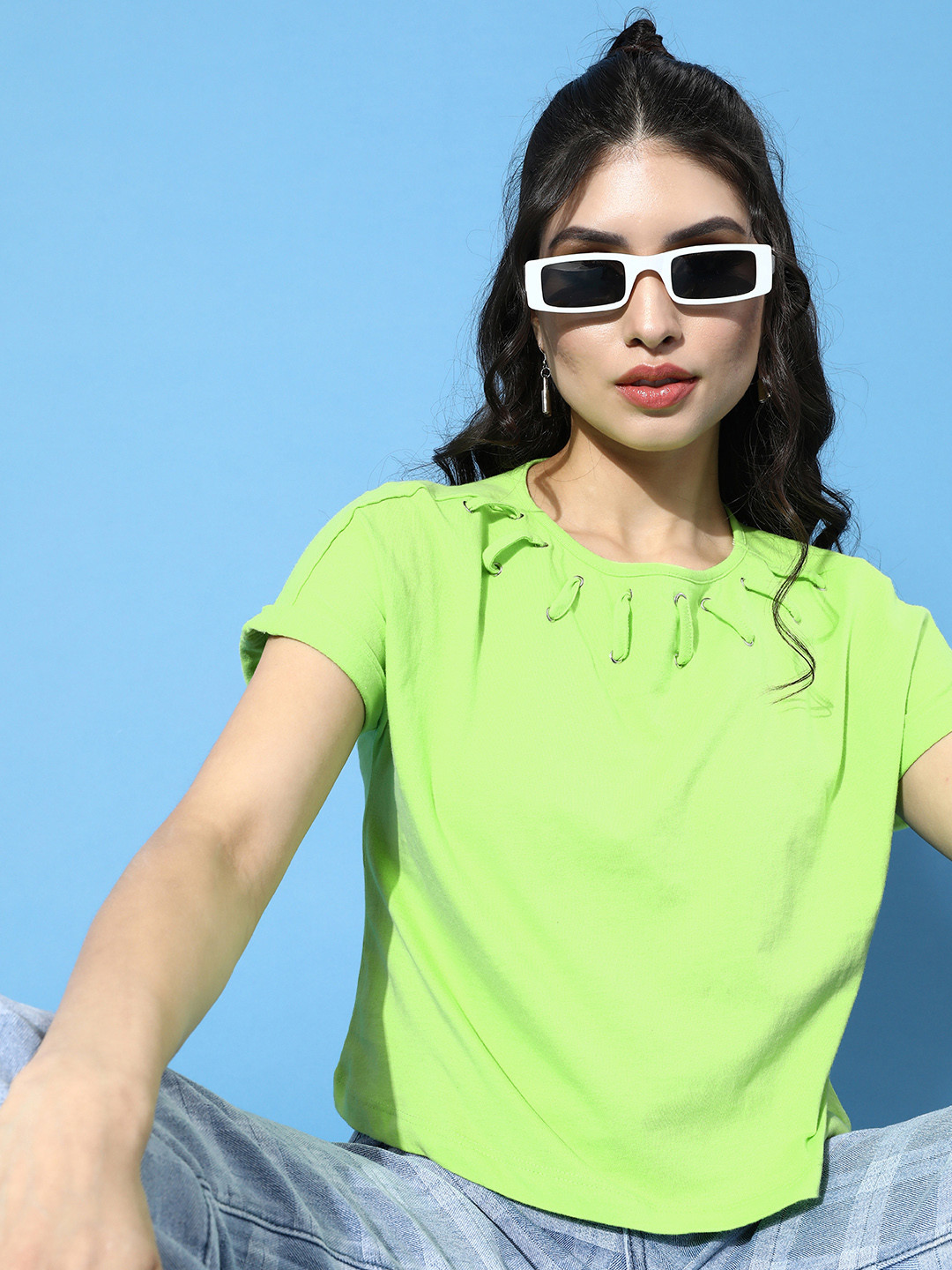 Buy DressBerry Fluorescent Green Solid Extended Sleeves Regular Top ...