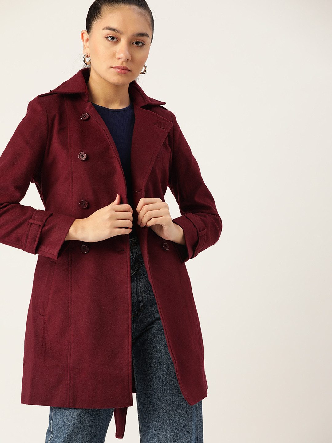 Buy DressBerry Women Burgundy Solid Hip Length Overcoat - Coats for ...