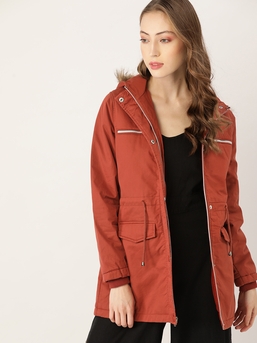 Buy DressBerry Women Rust Orange Pure Cotton Solid Longline Hooded ...