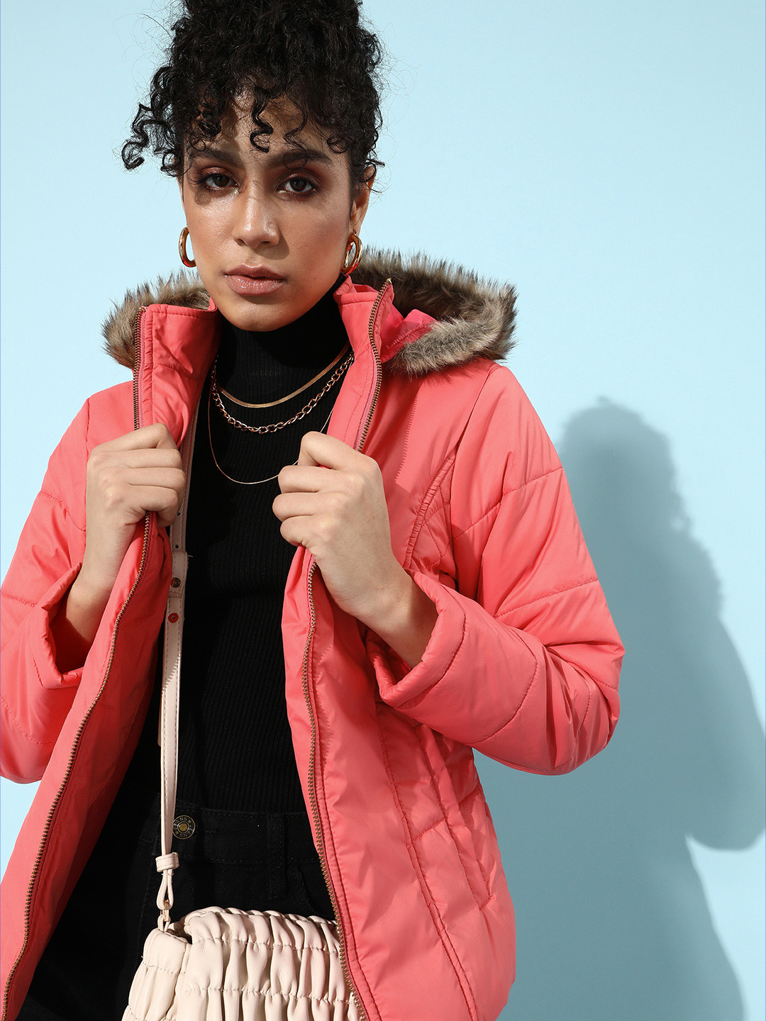 Buy DressBerry Women Coral Pink Solid Hooded Parka Jacket - Jackets for ...