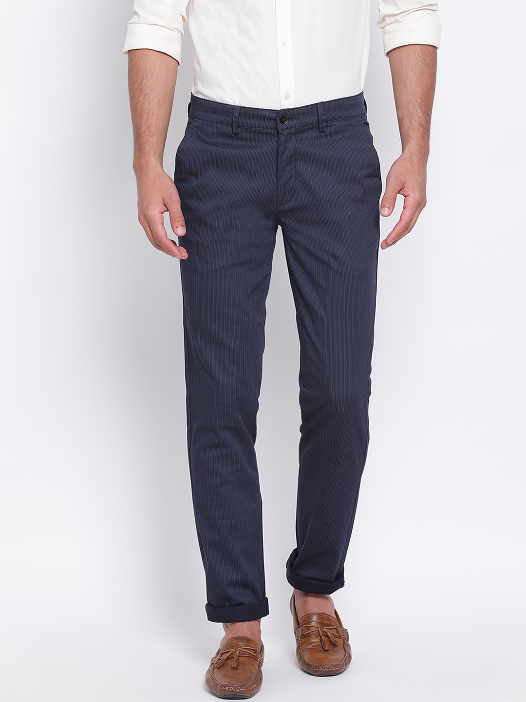 Buy Turtle Men Navy Blue Slim Fit Solid Regular Trousers - Trousers for ...
