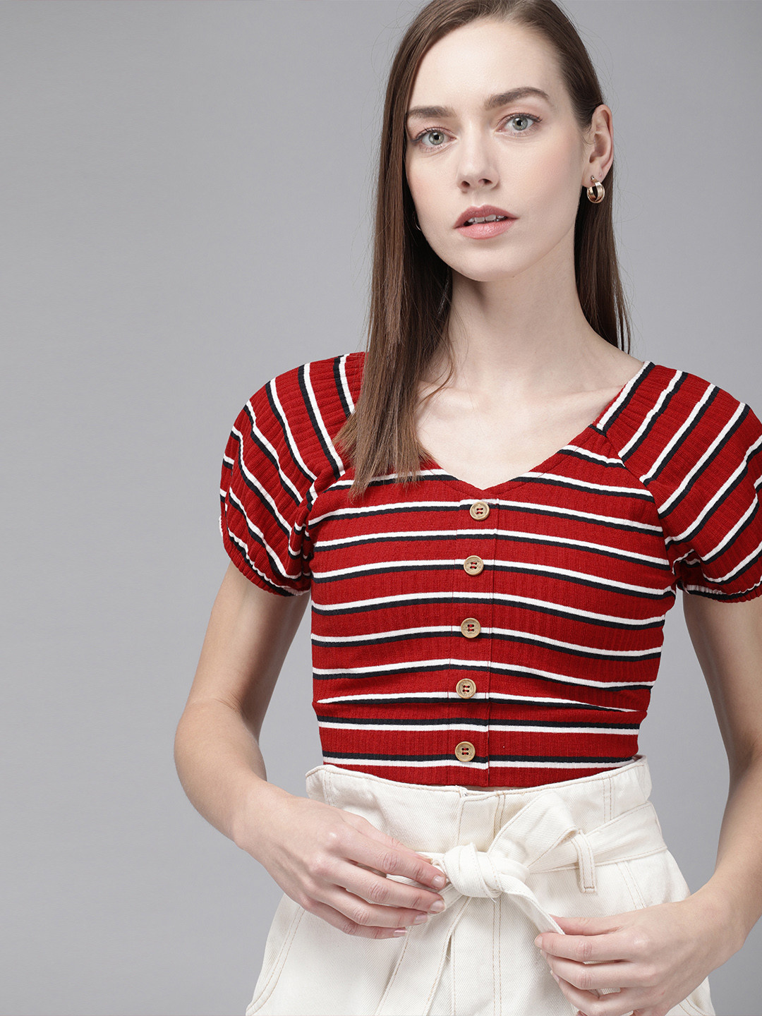 Buy ONLY Red & Black Striped Regular Ribbed Crop Top - Tops for Women ...