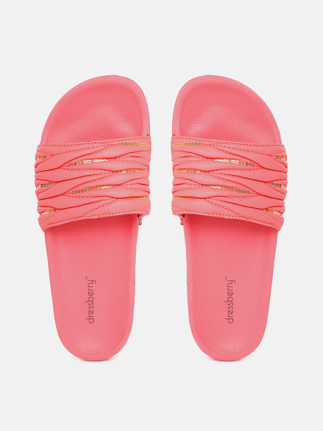 Buy DressBerry Women Coral Pink Quilted & Sequinned Sliders - Flip ...