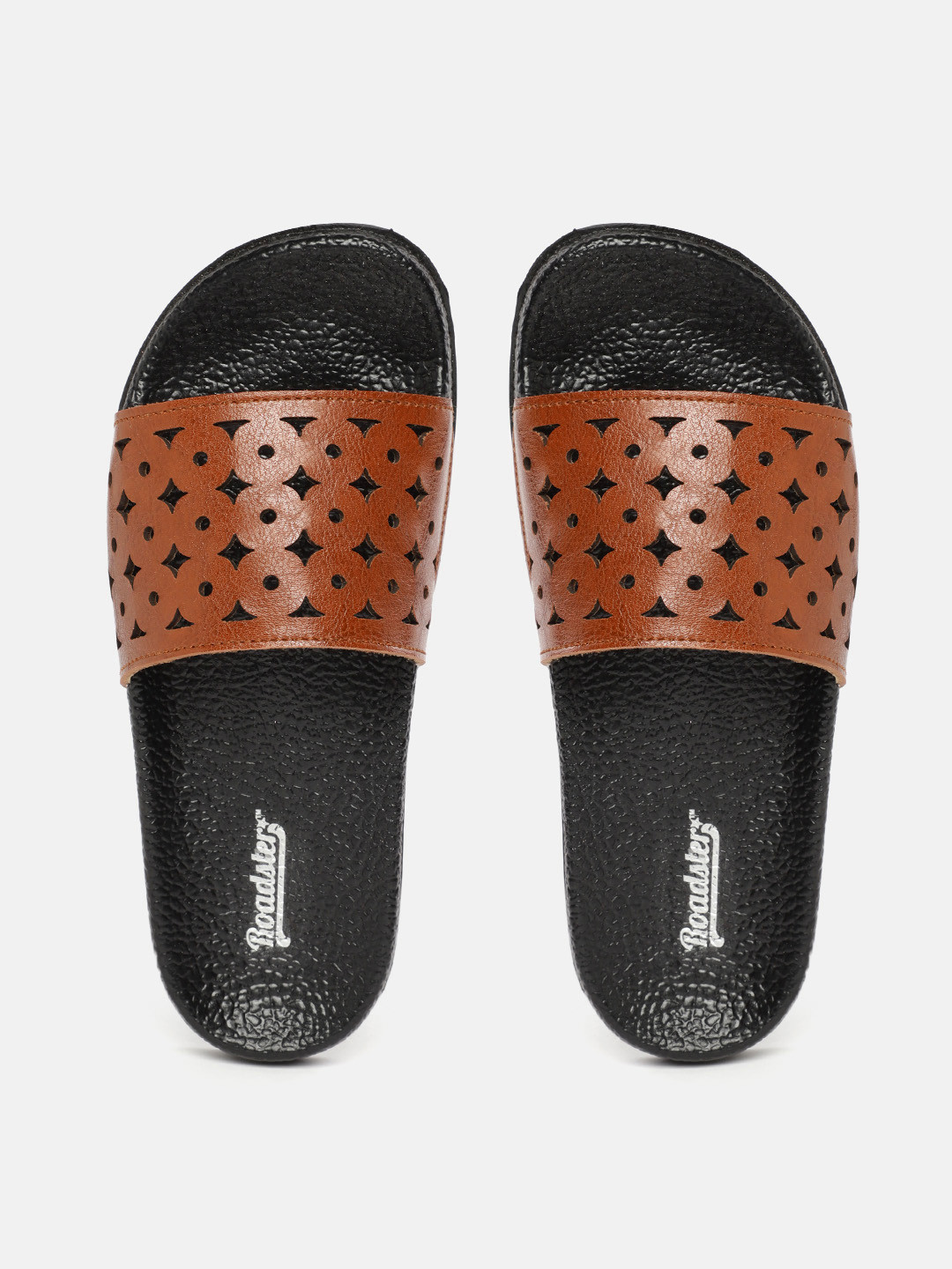 Buy Roadster Women Tan Brown Laser Cut Sliders - Flip Flops for Women ...