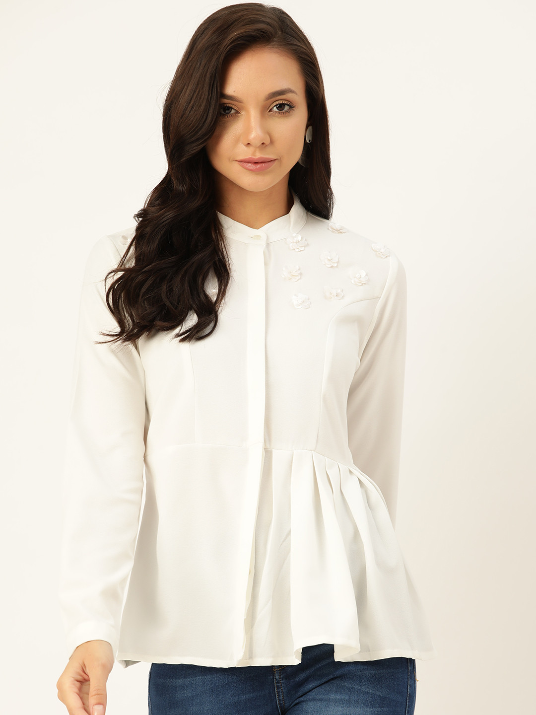 Buy LABEL REGALIA White Floral Embellished Mandarin Collar Puff Sleeve ...