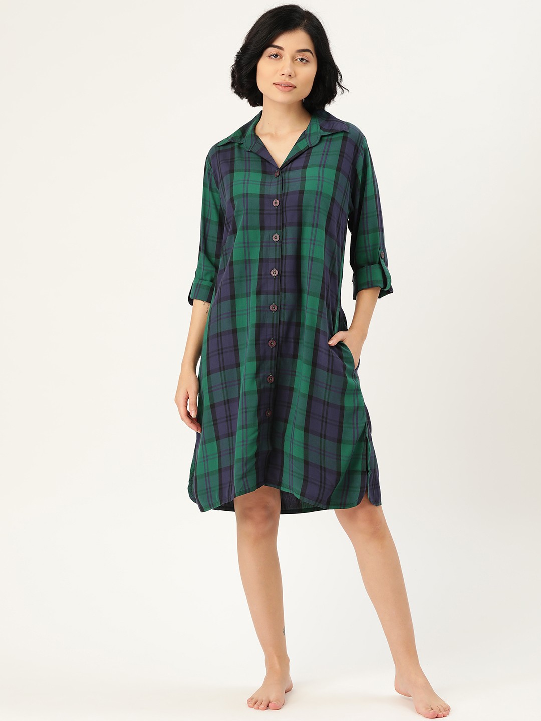 Buy Clt S Women Green And Navy Blue Checked Pure Cotton Nightdress